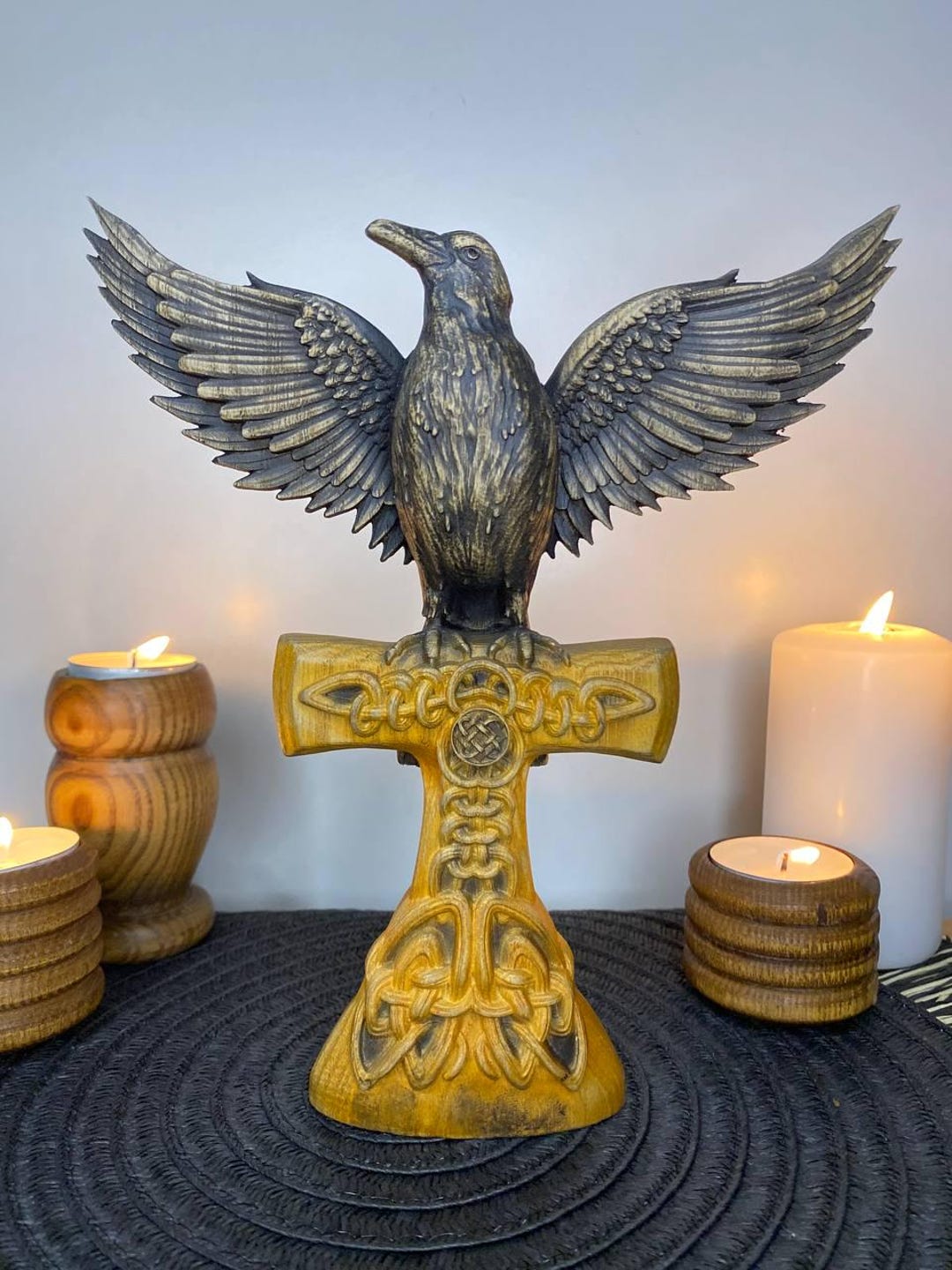 Morrigan Raven Statue: Celtic Cross, Pagan Goddess, Ash Wood Carving - Etsy