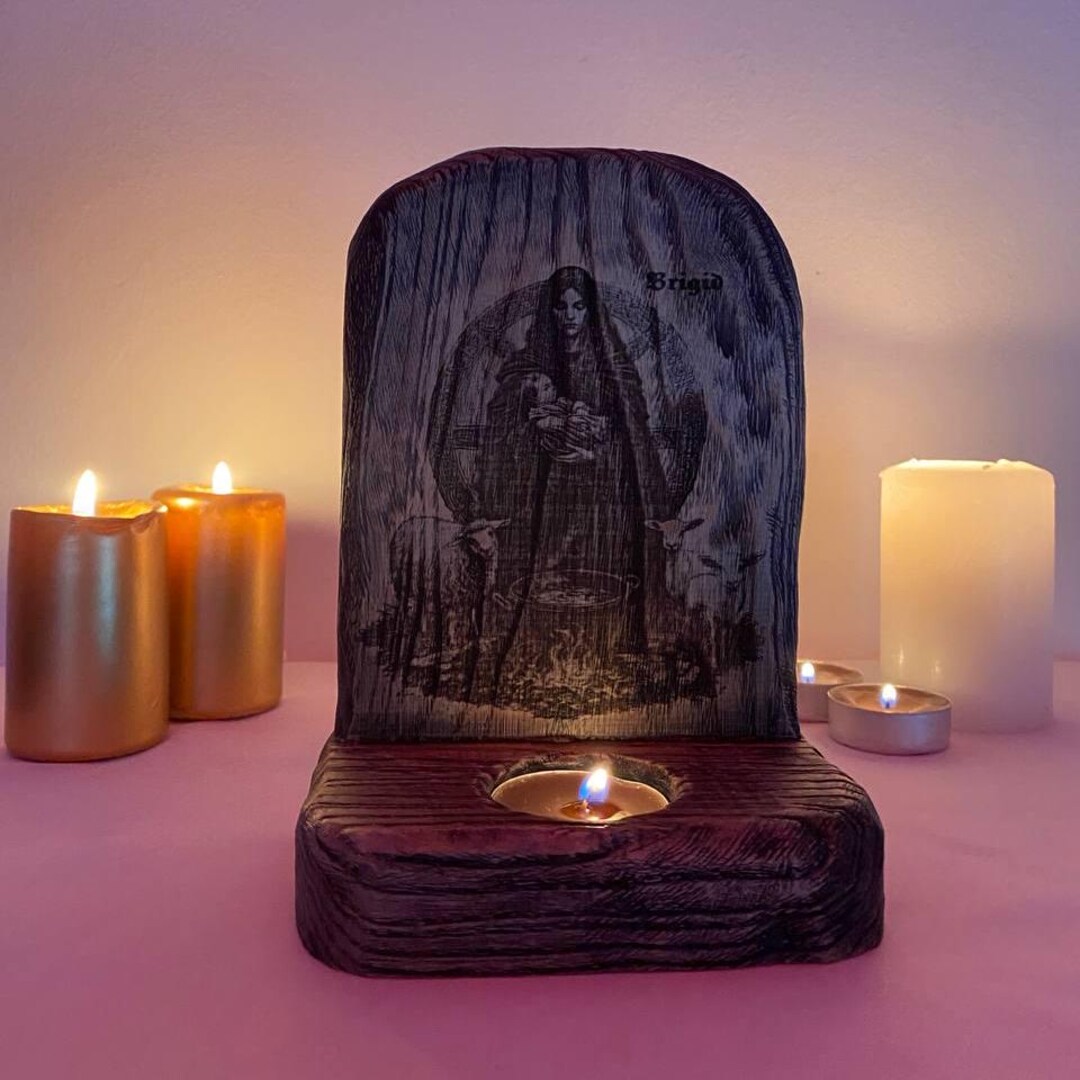 Brigid Altar: Carved Wood Candle Holder, Celtic Goddess Imbolc Decor - Etsy