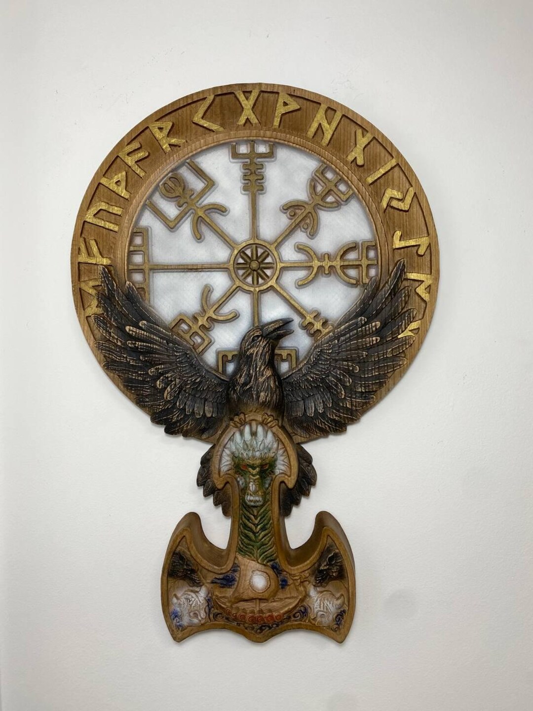 Viking Wood Carving: Raven, Compass, Mjolnir - Viking Mythology Art - Etsy