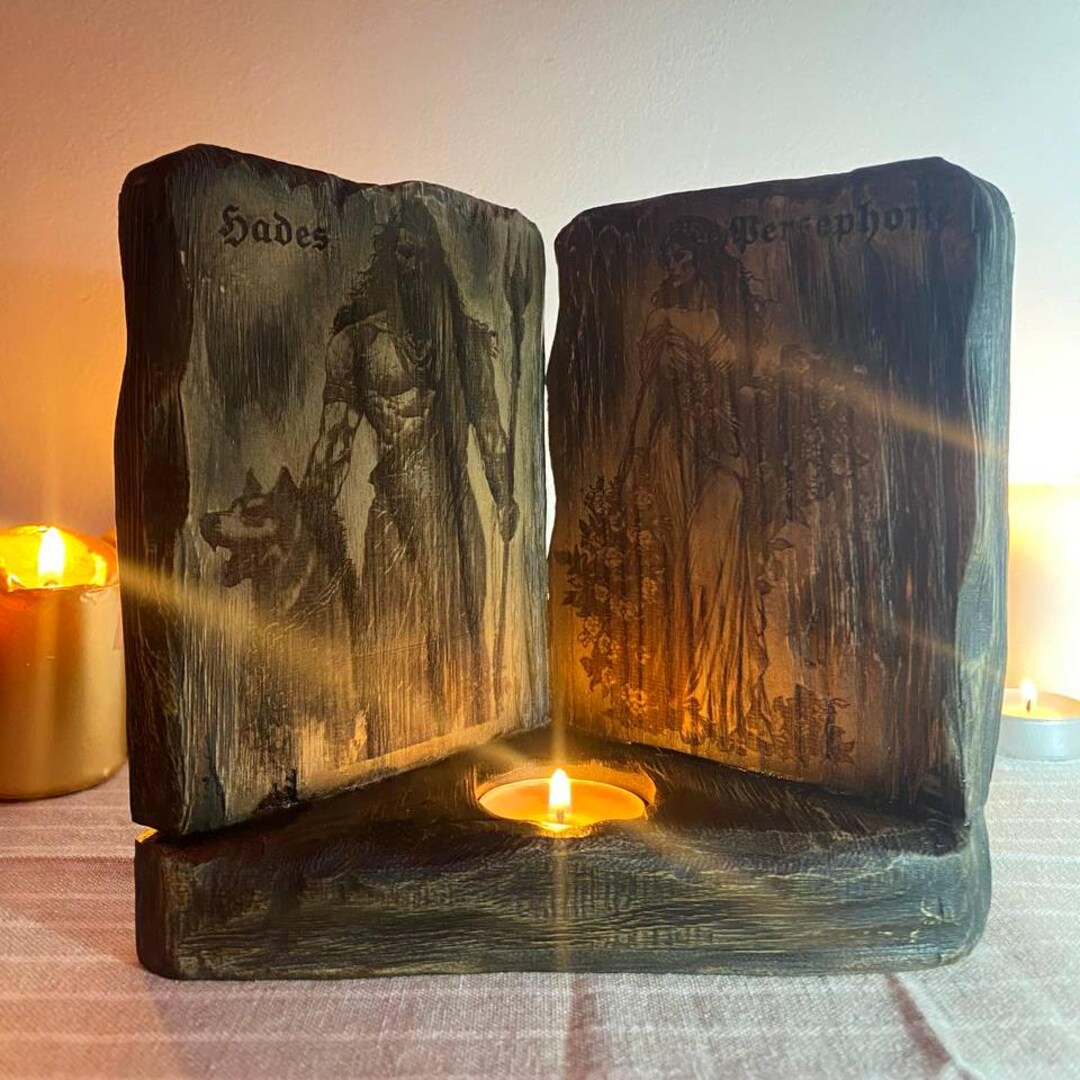 Hades and Persephone Wooden Candle Holder: Greek Mythology Altar ...