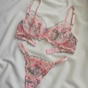 Floral Lace Lingerie, Pink Lingerie, Embroidered Lingerie Set, Lingerie ...