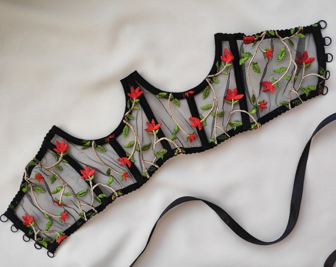 Floral Black Corset Black Cupless Corset Red Corset - Etsy