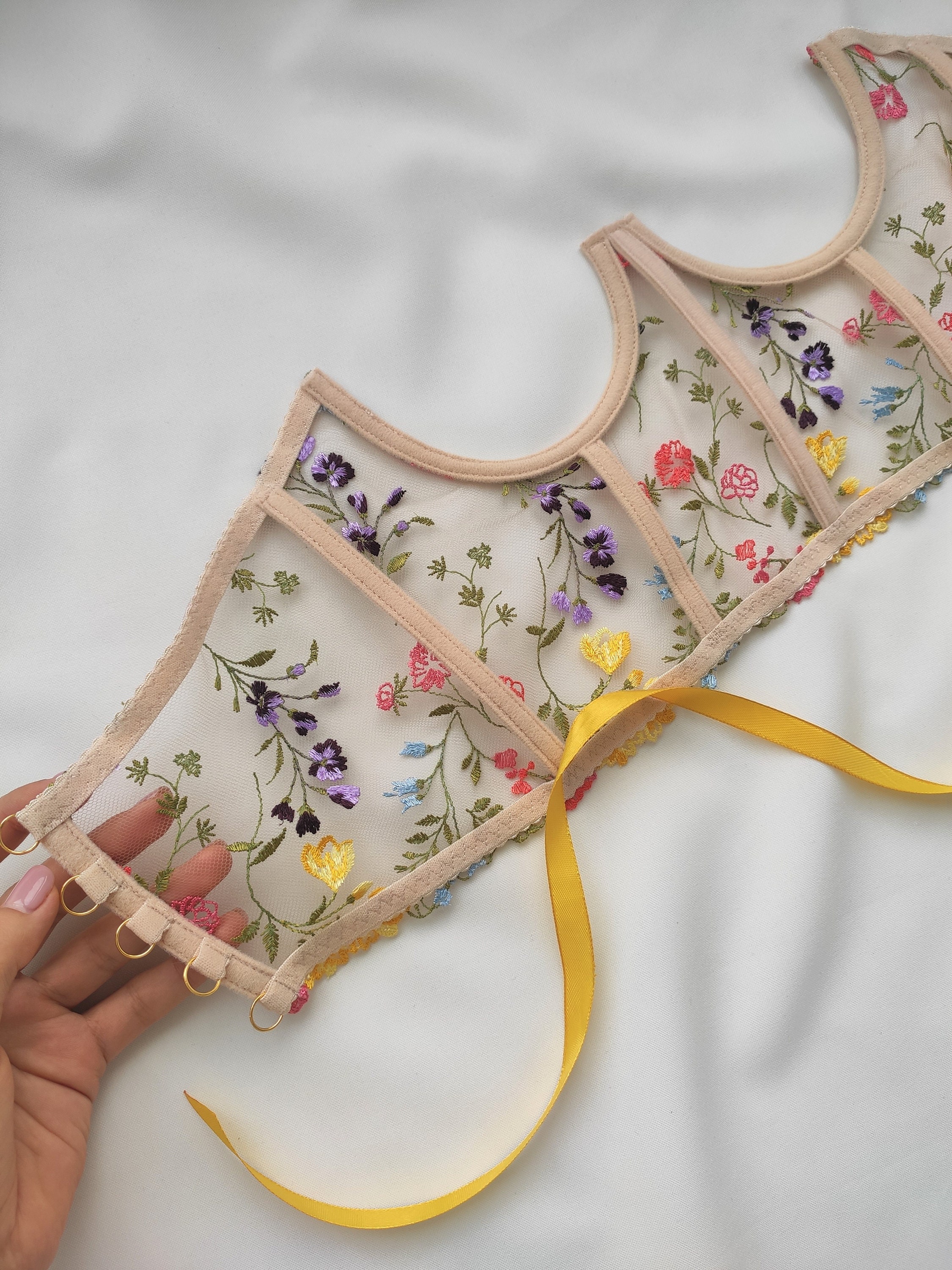 Cupless Corset Underbust Corset With Embroidered Flowers - Etsy