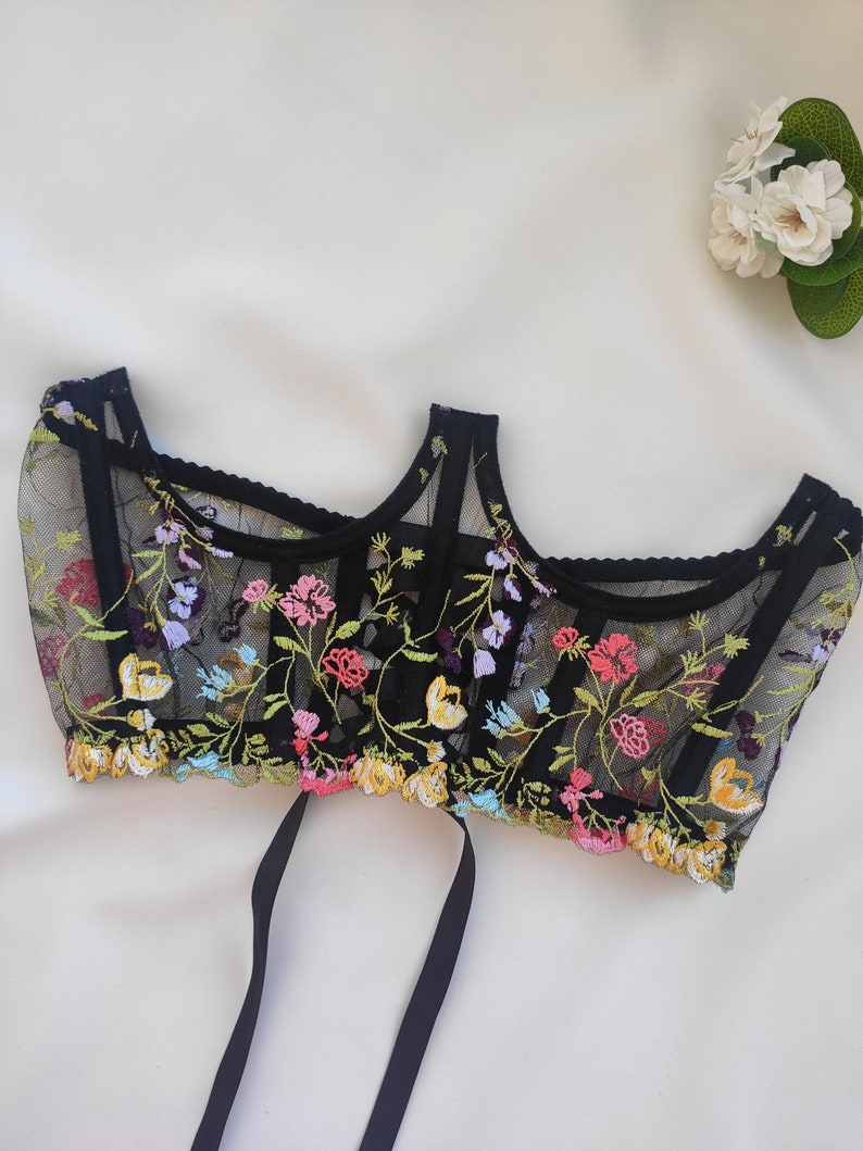 Cupless Corset Underbust Corset With Embroidered Flowers Etsy