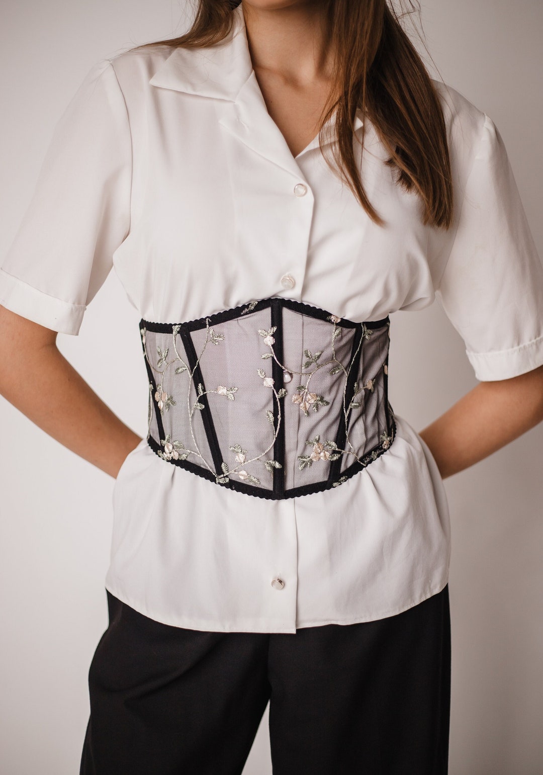 Black Corset Belt With Embroidered Flowers, Underbust Corset, Cupless ...