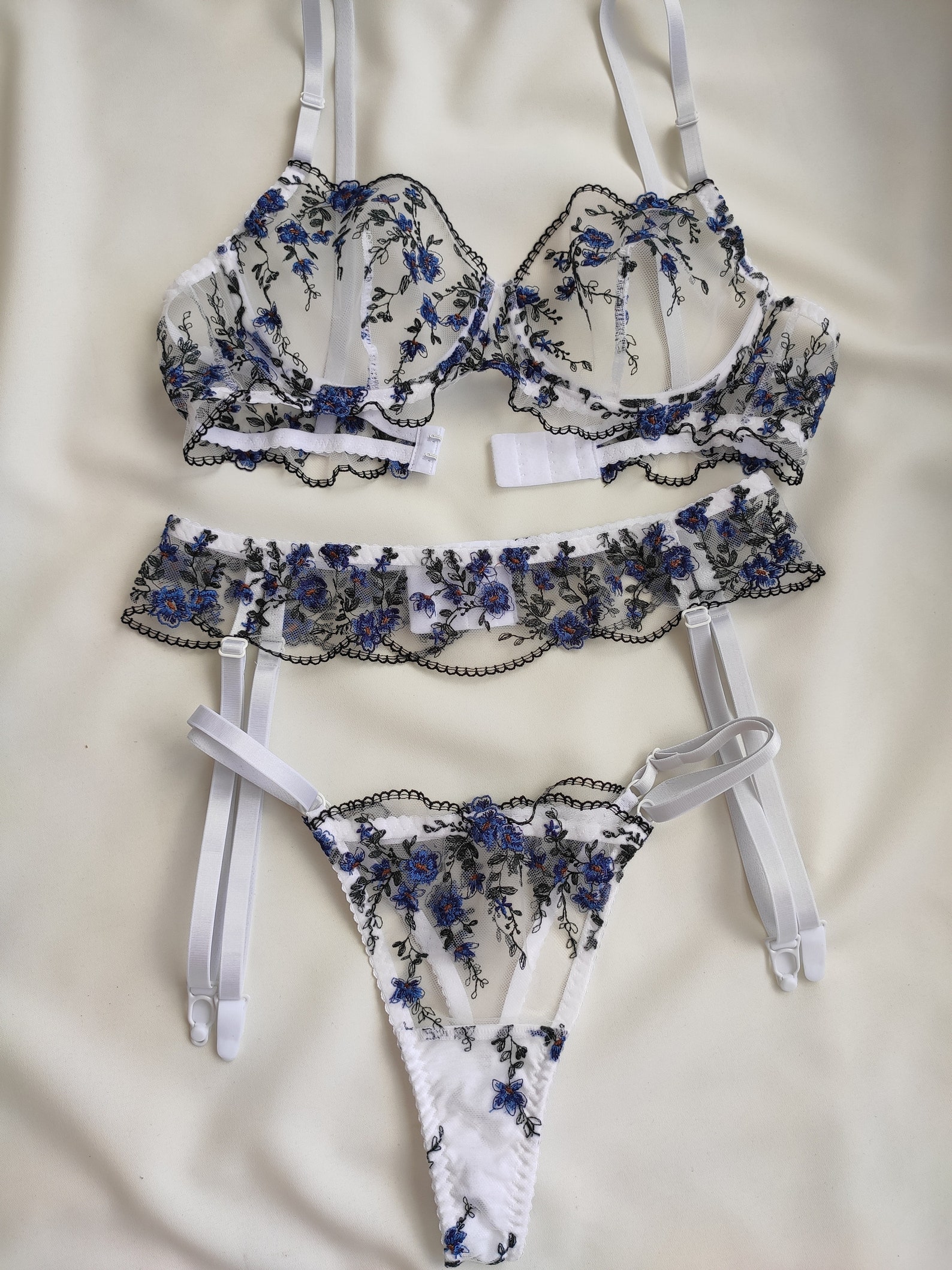 Floral Lace Lingerie Embroidered Lingerie Set Blue Lingerie Etsy