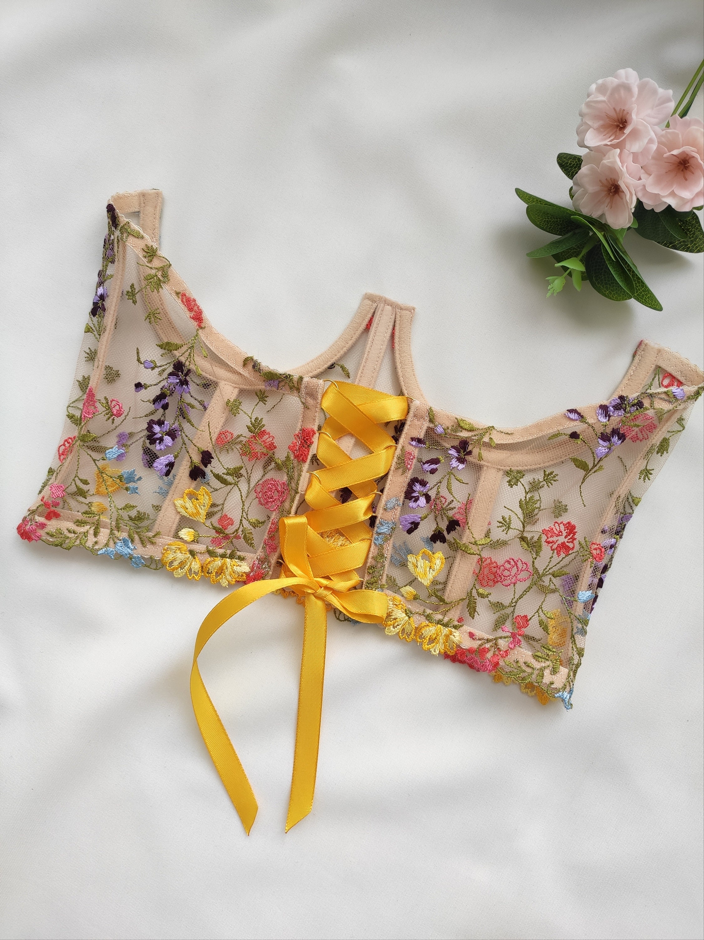Cupless Corset Underbust Corset With Embroidered Flowers Etsy