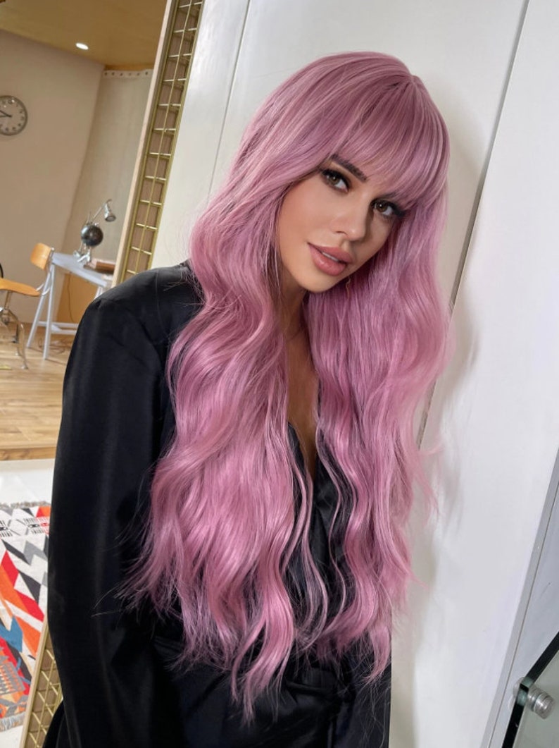 Long Curly Wavy Pink Wig With Bangs Synthetic Beautiful Short - Etsy