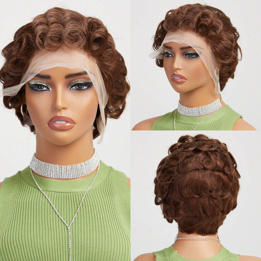 Colored Short Pixie Cut Wig Wave Curly Human Hair Wigs Transparent 13X4 ...