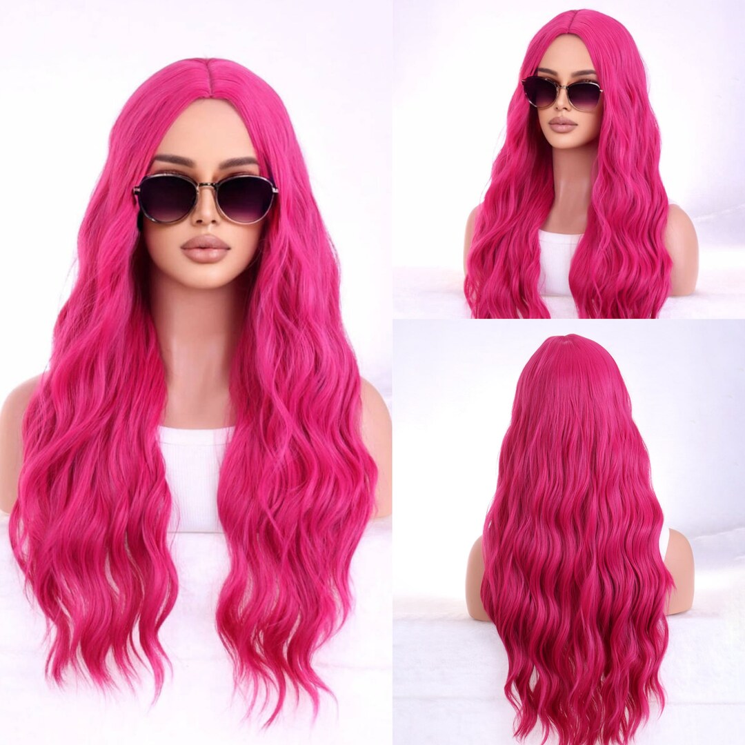 Long Hot Pink Curly Wavy Synthetic Wig - Etsy