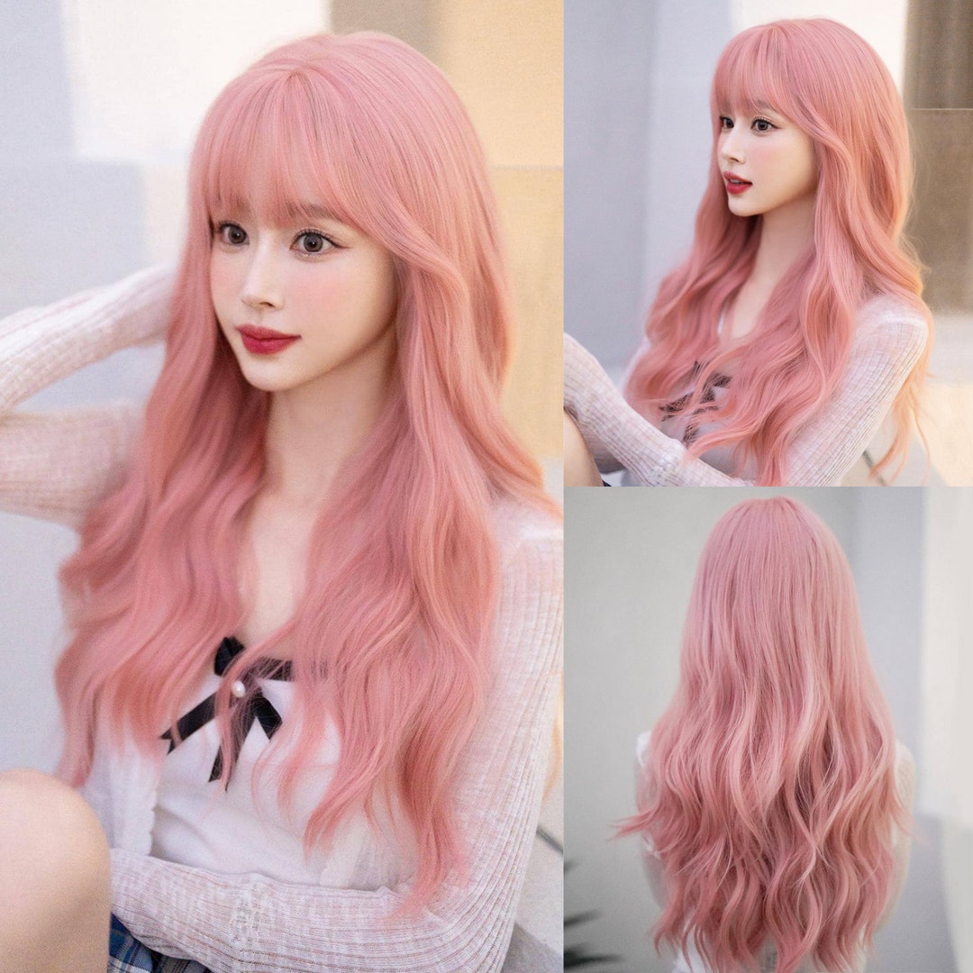 Perruques synthétiques roses naturelles douces, longues et ondulées ...