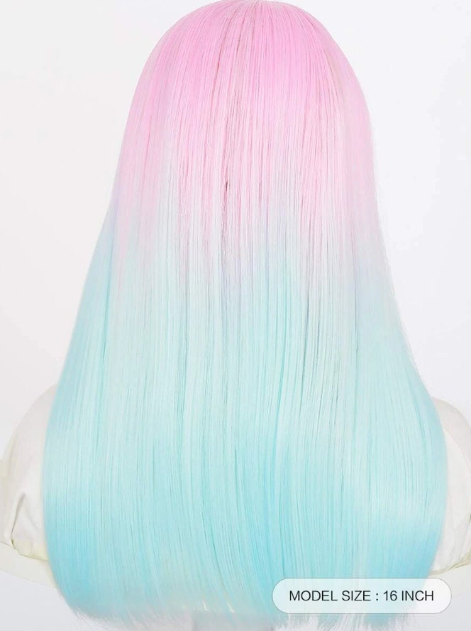 Long Ombre Synthetic Blue and Pink Wig With Bangs - Etsy