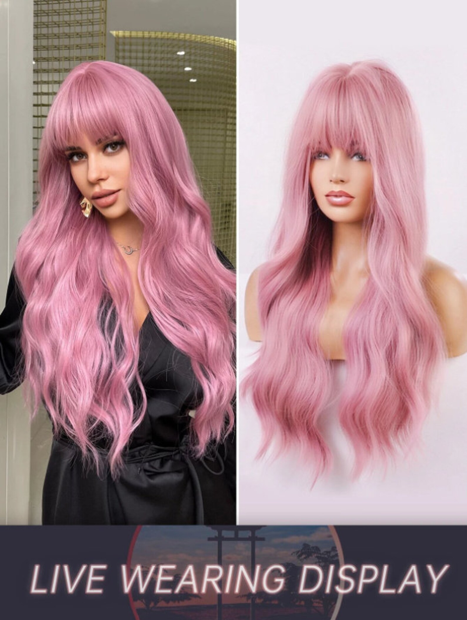 Long Curly Wavy Pink Wig With Bangs Synthetic Beautiful Short - Etsy