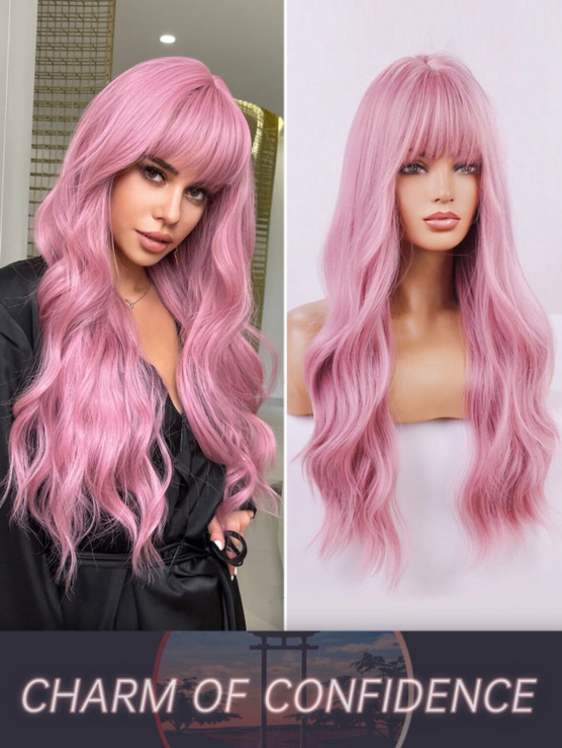 Long Curly Wavy Pink Wig With Bangs Synthetic Beautiful Short - Etsy