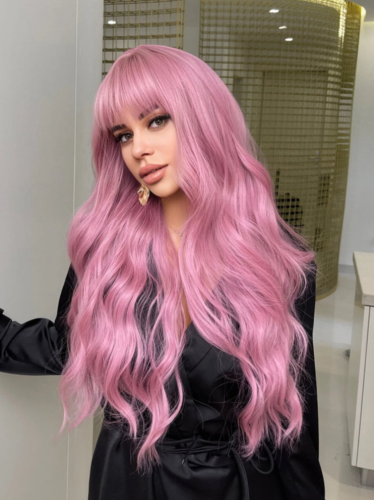 Long Curly Wavy Pink Wig With Bangs Synthetic Beautiful Short - Etsy