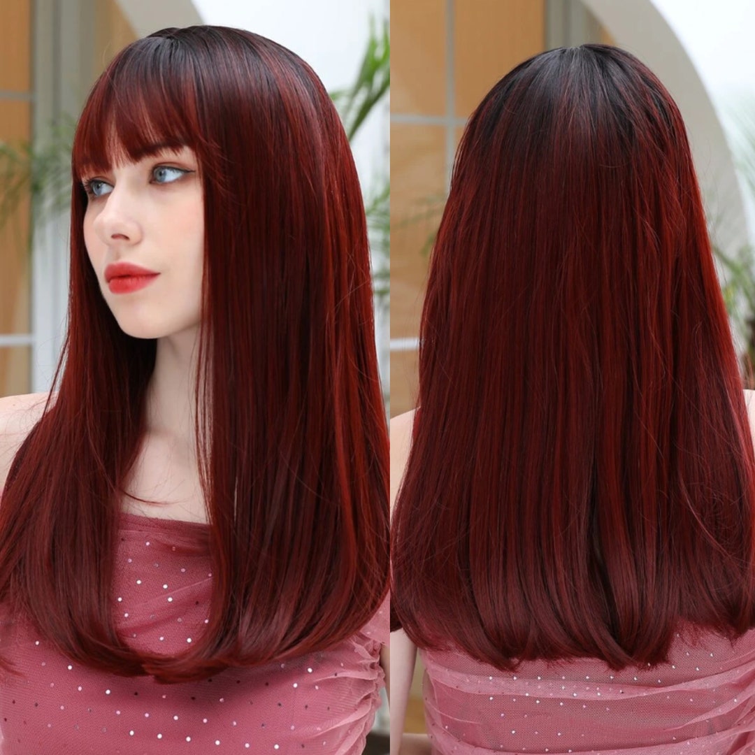 Natural Long Burgundy Wig With Bangs - Etsy