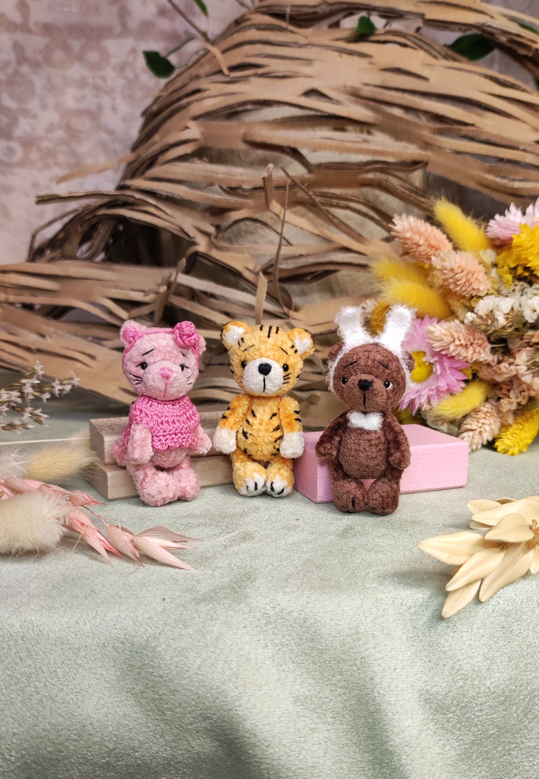 Set of Miniature Collectible Animals: Cat, Tiger, Teddy Bear. Tiny Pet ...