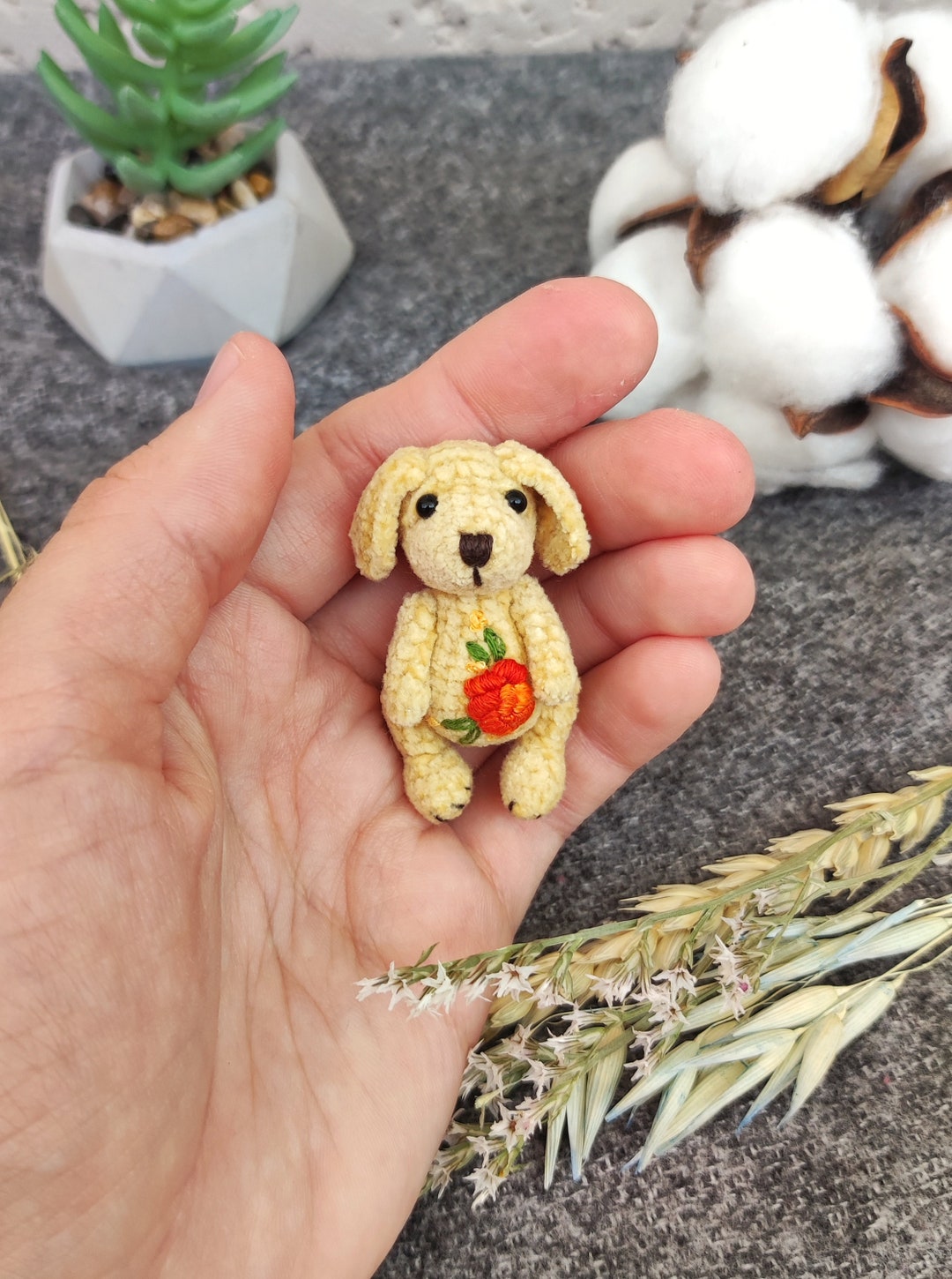 Mini Plush Dog Stuffed Toy. Tiny Artist Puppy Figurine With Flowers ...