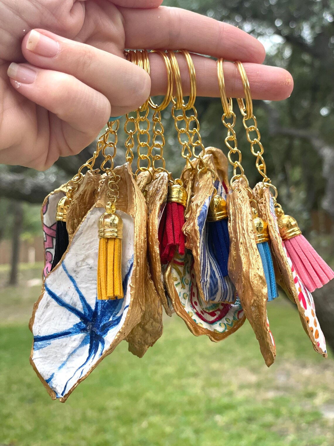 Gilded & Decoupaged Oyster Shell Keychain With Tassel - Etsy