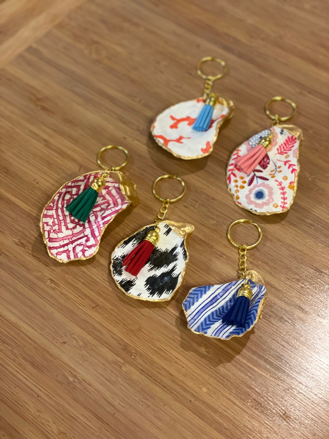 Gilded & Decoupaged Oyster Shell Keychain With Tassel - Etsy