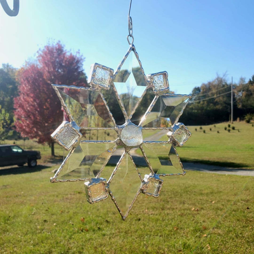 Beveled Stained Glass Snowflake With Glass Nuggets Suncatcher or Large ...