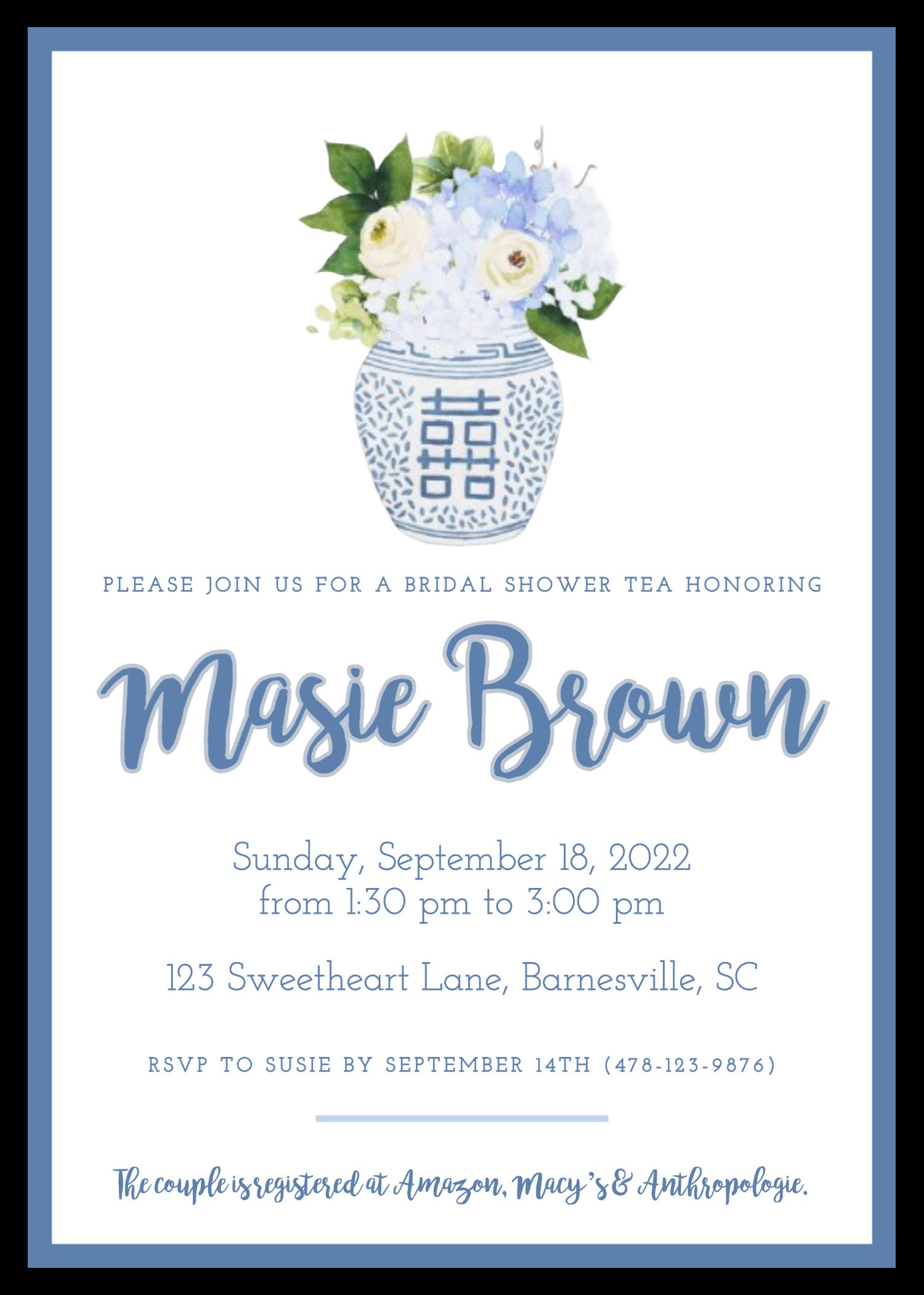 Classic Bridal Shower Invitation Download, Printable Ginger Jar, Blue ...