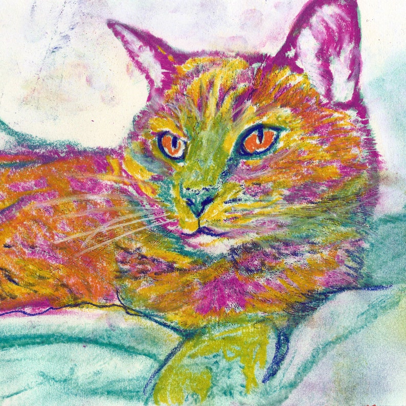 Colourful Cat Pastel Painting Art Print Quirky Tabby Cat - Etsy