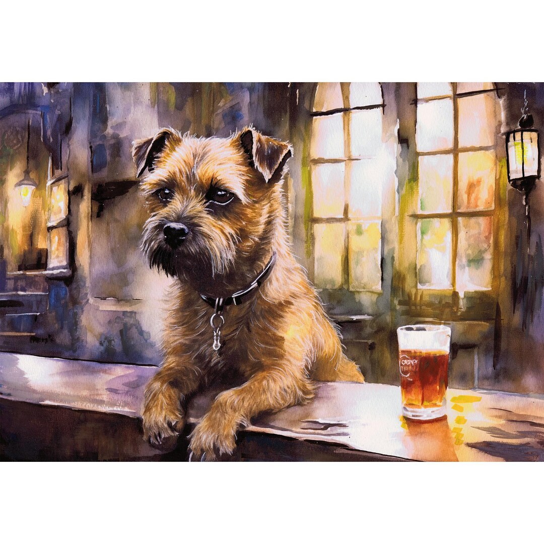 Hand-signed Giclée Print | Border Terrier Dog at English Pub With Pint ...