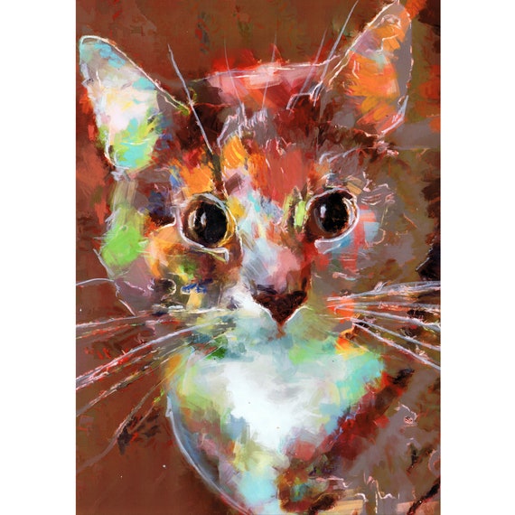 Mixed Media Cat Painting Print Colourful Warm Tabby Cat Wall - Etsy