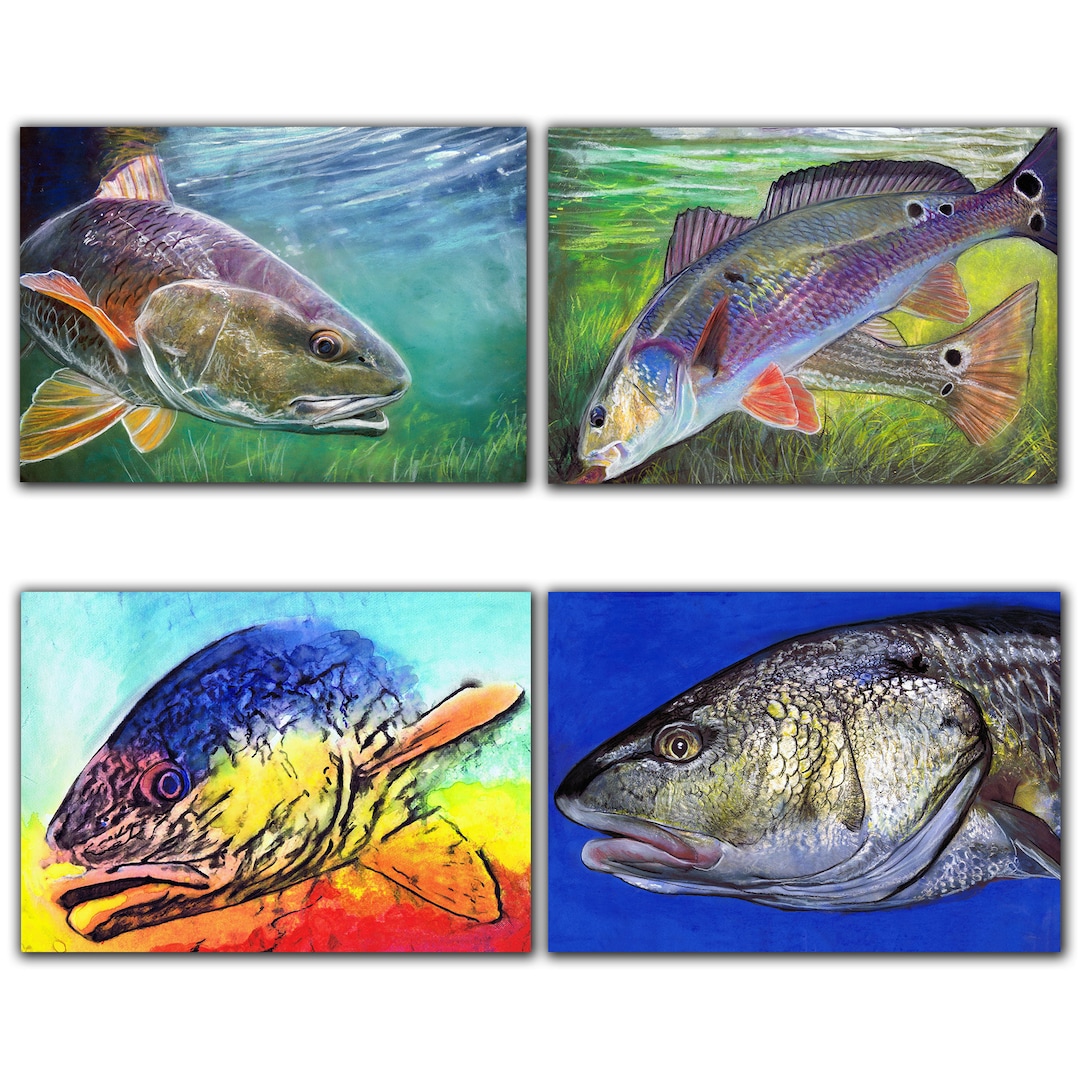 Four Redfish Red Drum Wall Art Prints, Fly Fishing Gift - Saltwater ...