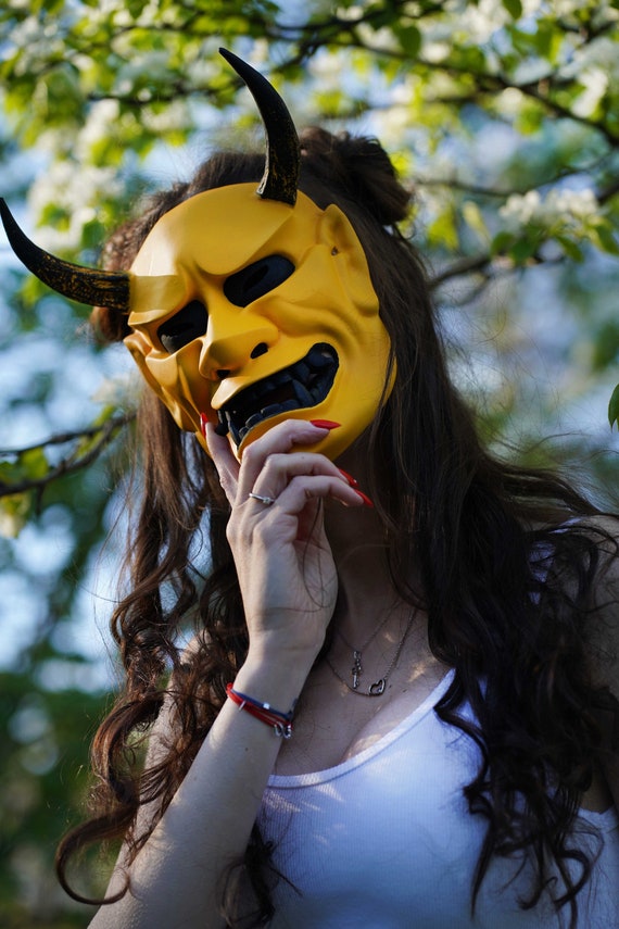 Oni demon face mask. Japanese theater Yellow | Etsy