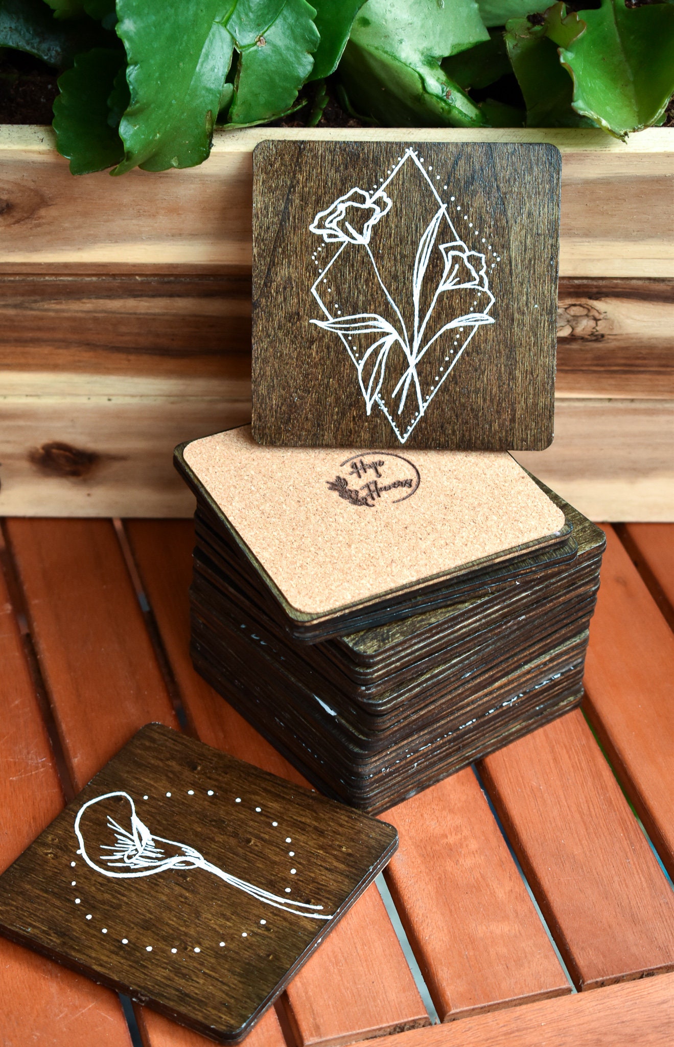 Hand Painted Wooden Coasters Geometric Floral Design Walnut - Etsy
