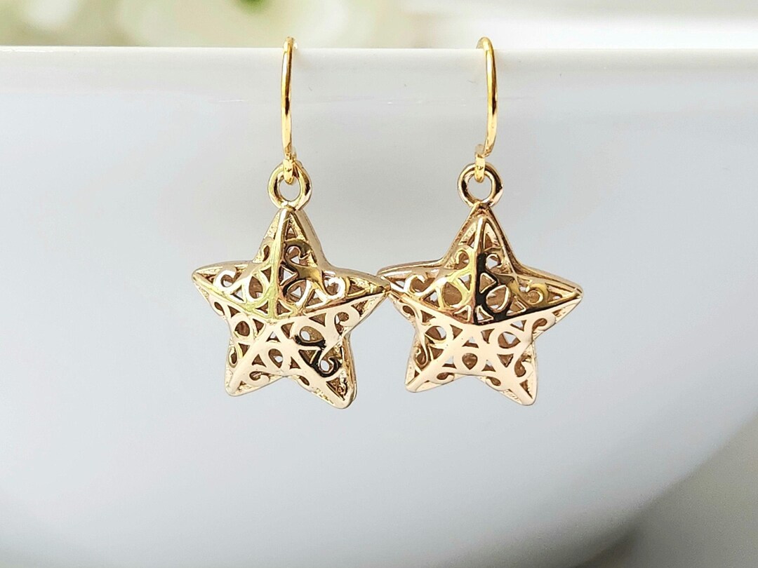 Star Earrings, Gold Dangle Earrings, Celestial Jewelry, Filigree ...