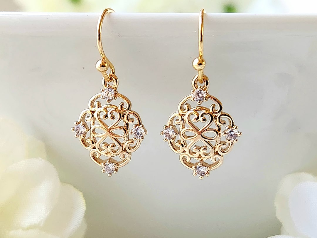 Gold Filigree Dangle Earrings, Dainty Elegant Earrings, Clear Zircon ...