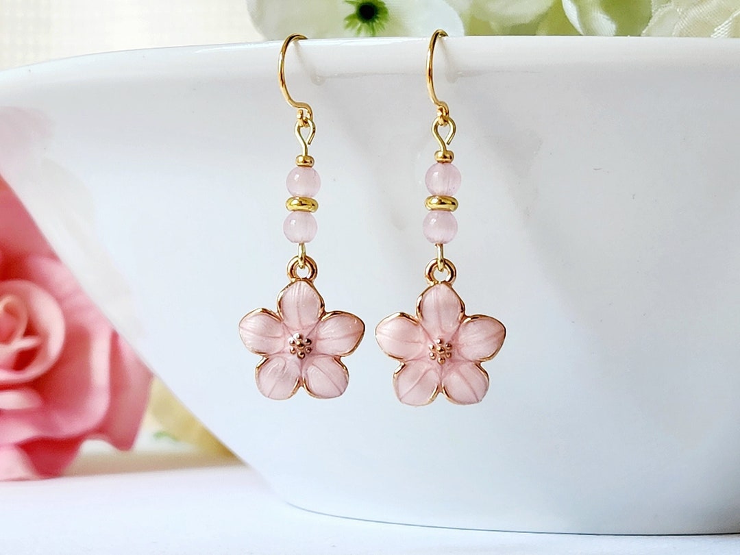 Flower Earrings, Cherry Blossom Earrings, Pink Earrings, Dangle Earrings, Floral Jewelry, Gold ...