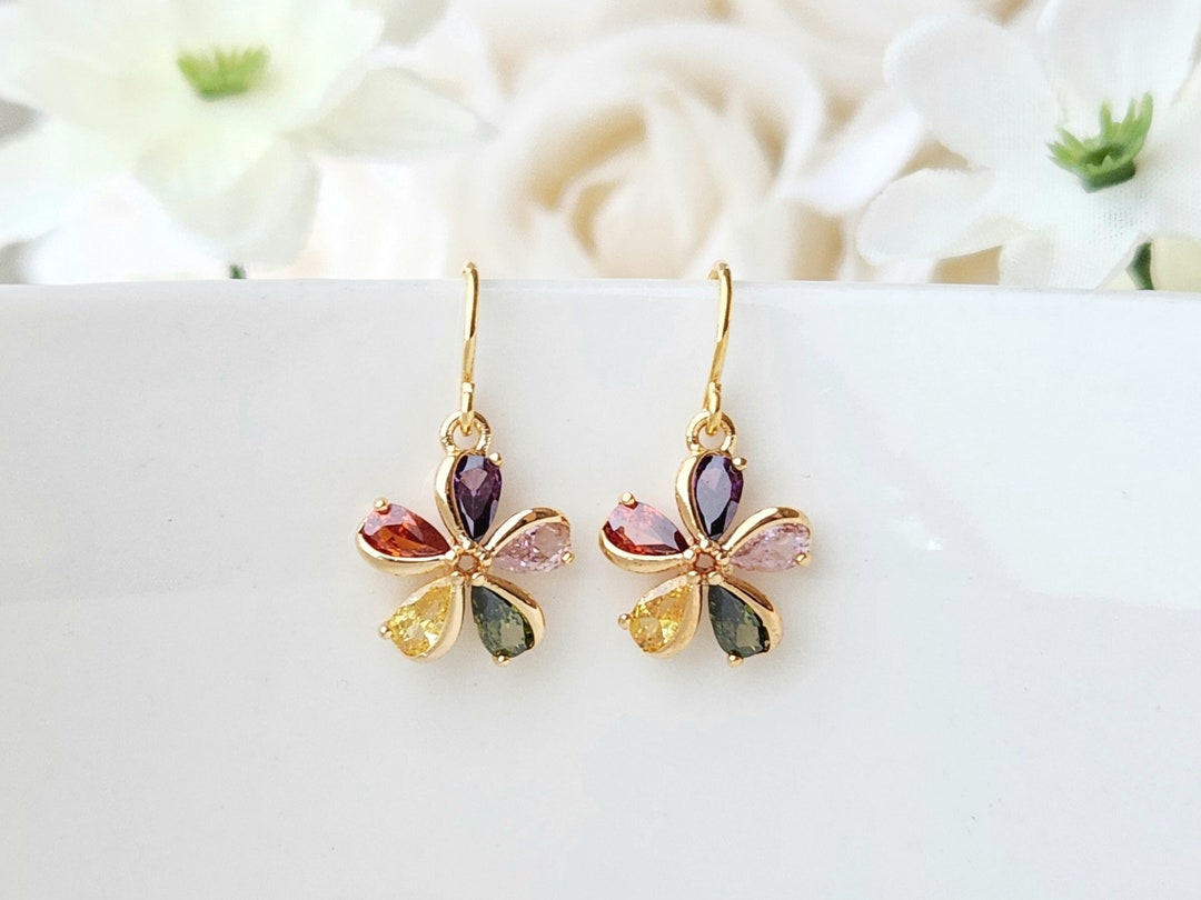 Small Flower Dangle Earrings, Colorful Gold Flower Earrings, Cute Dainty Floral Jewelry, Zircon ...
