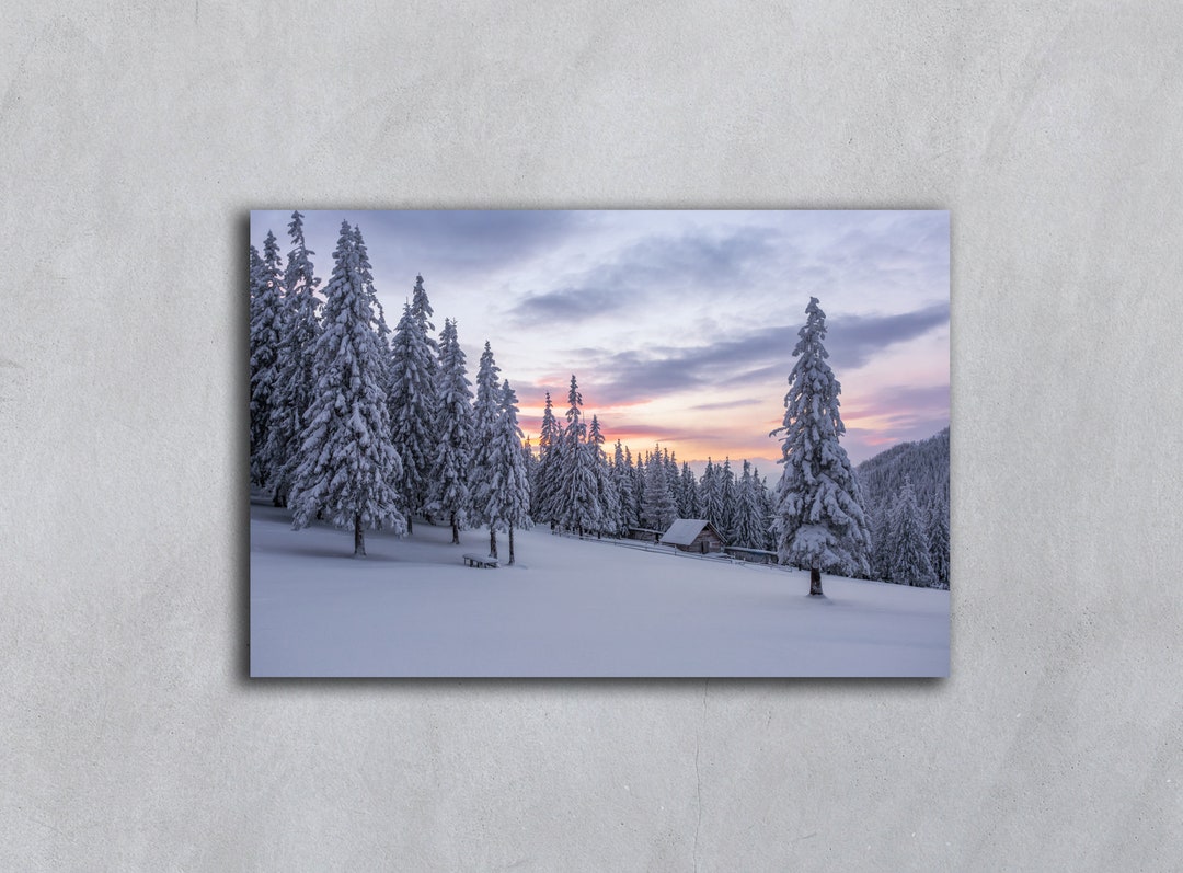 Winter Sunset Scenery Printables Forest House Winter Landscape Digital ...