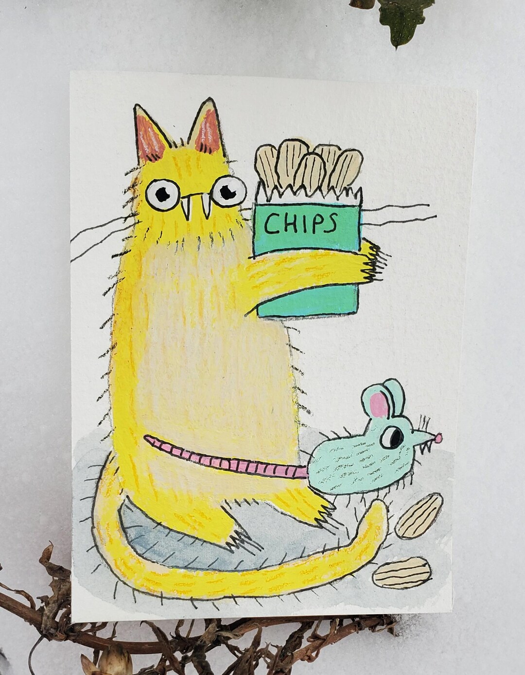 Original MINI 3x4" Cat and Mouse With Chips Painting on Paper - Etsy