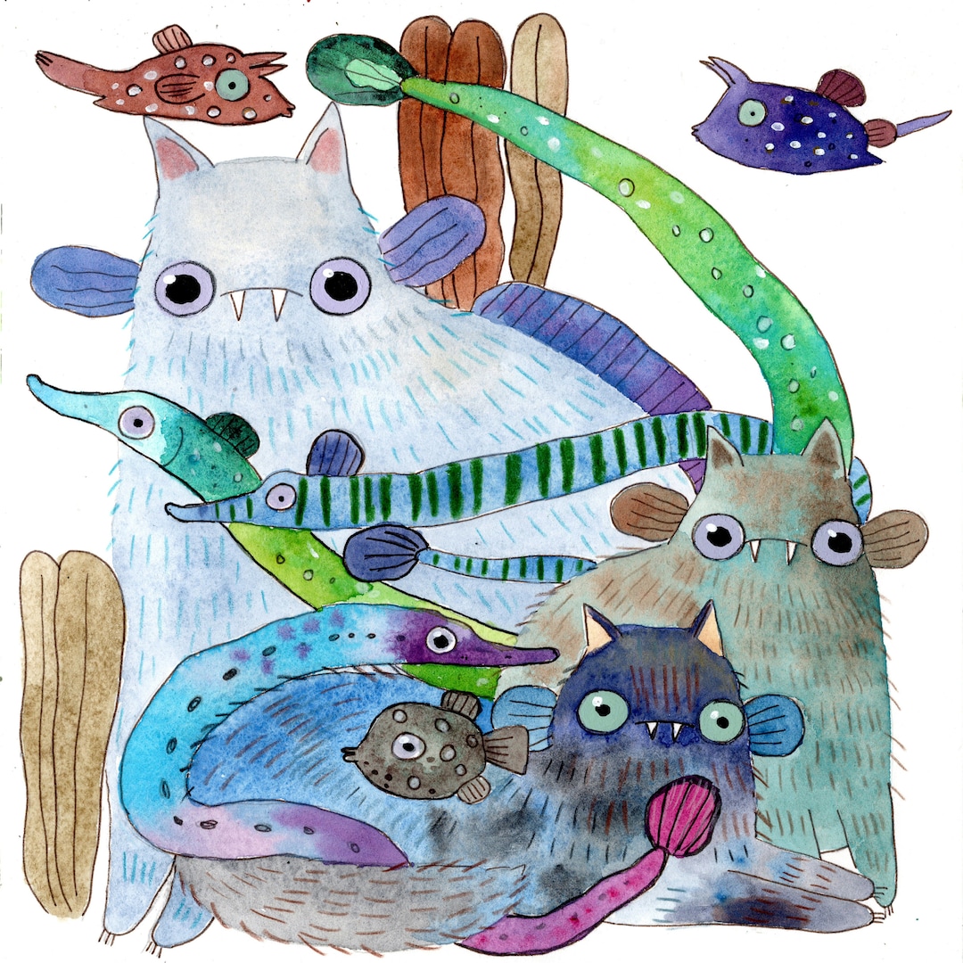 8x8 ORIGINAL Painting of Cats and Fish on Paper - Etsy