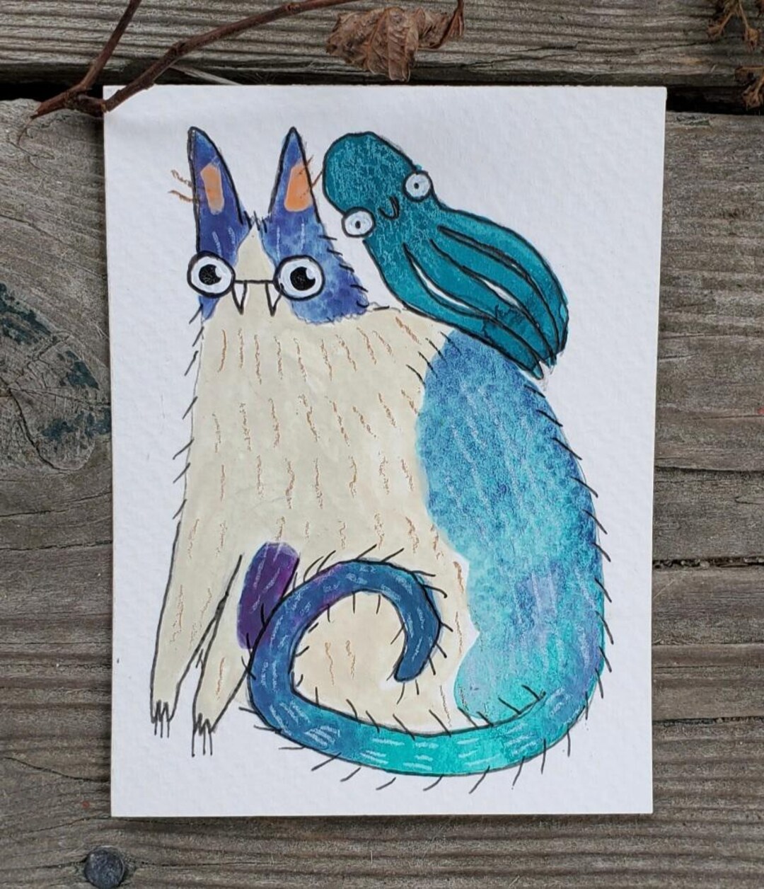 Original SMALL 3x4" Cat and Octopus Whimsical Art - Etsy