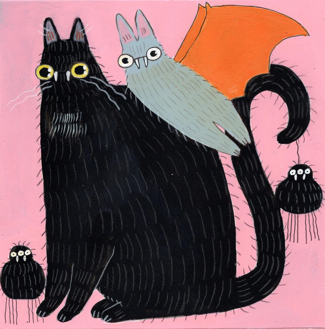8x8" ORIGINAL Painting of Cat, Bat and Spiders on Paper Whimsical Art ...