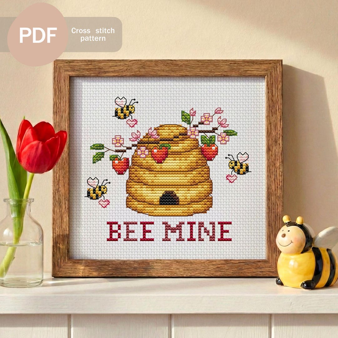 Bee Mine Cross Stitch Pattern: Valentine's Day Beehive Love Design (PDF ...