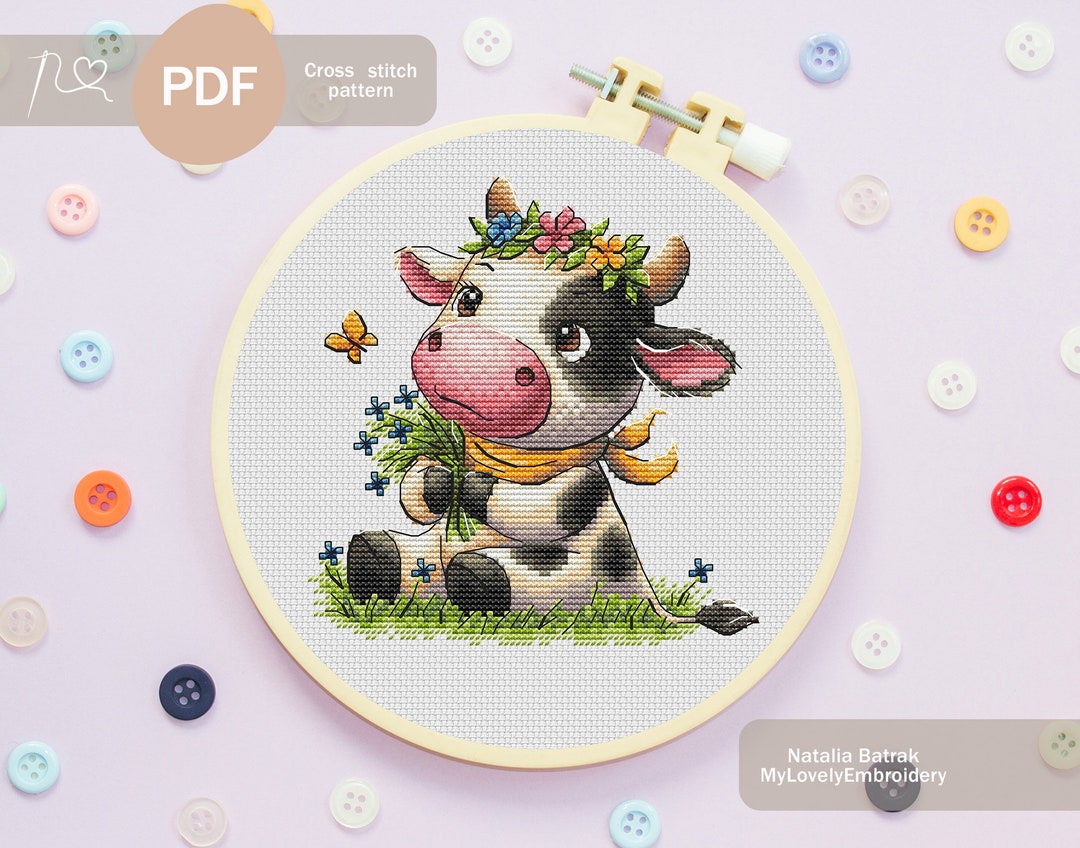 Cow Cross Stitch Pattern PDF Instant Download, Floral Cow Cross Stitch ...