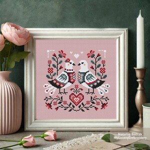 Folk Art Love Birds Cross Stitch Pattern: Romantic Doves Design (PDF ...