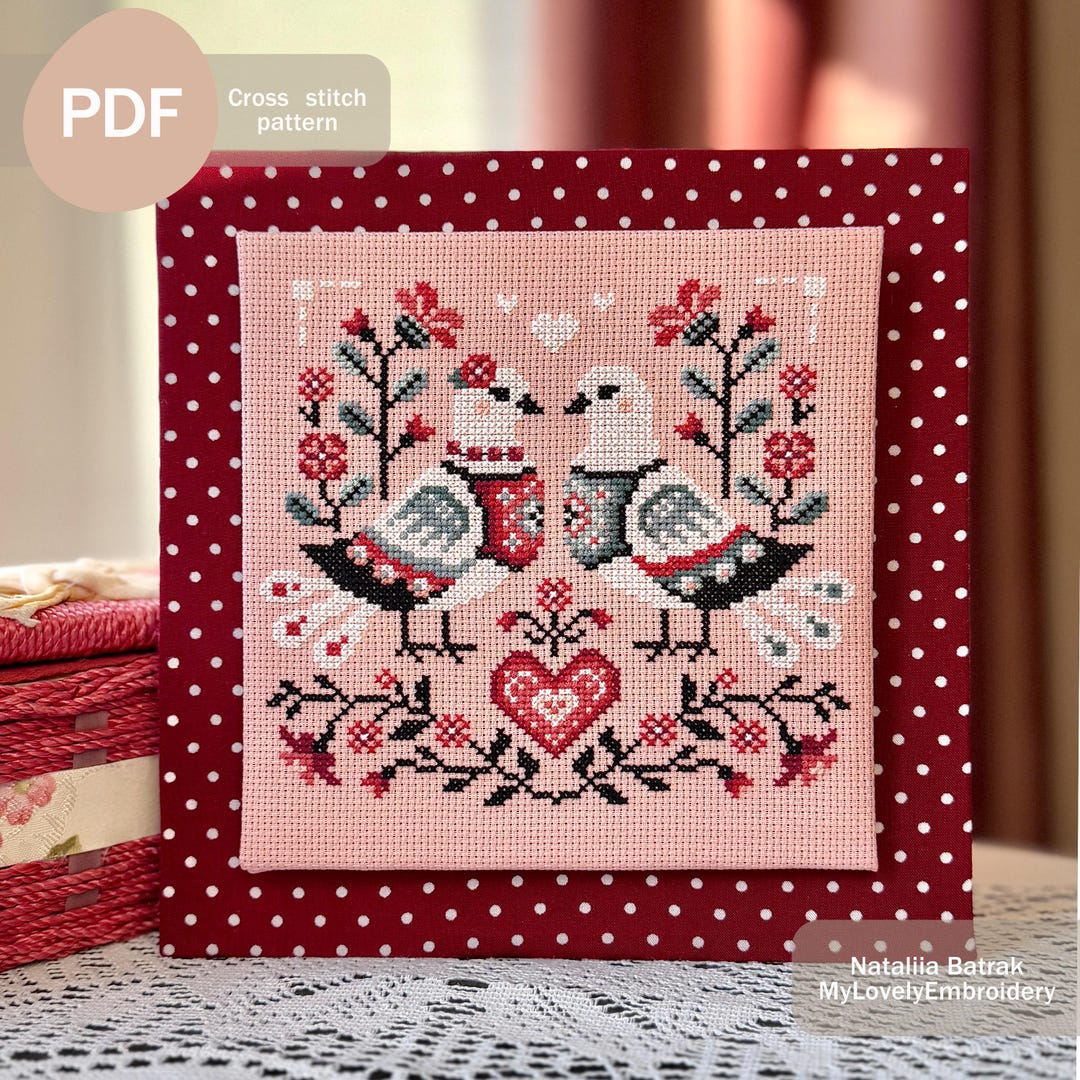 Folk Art Love Birds Cross Stitch Pattern: Romantic Doves Design (PDF ...