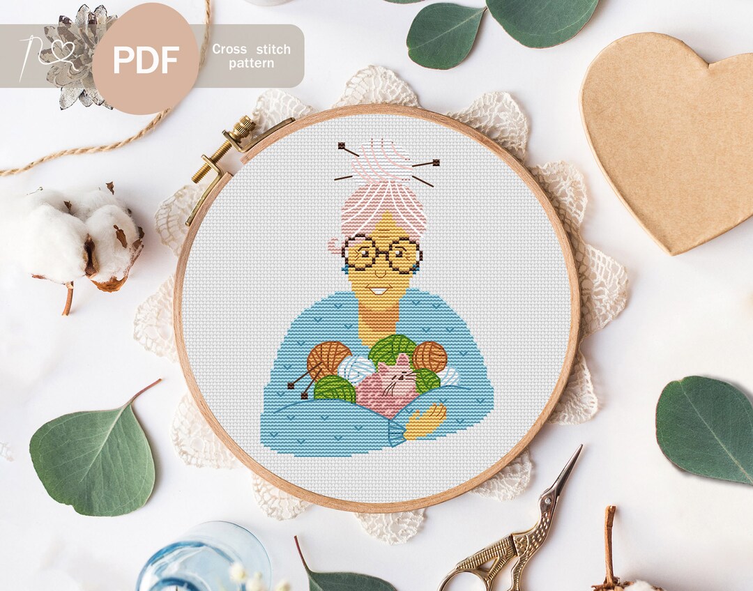 Knitter Cross Stitch Pattern, PDF Instant Download, Grandmother Cross ...