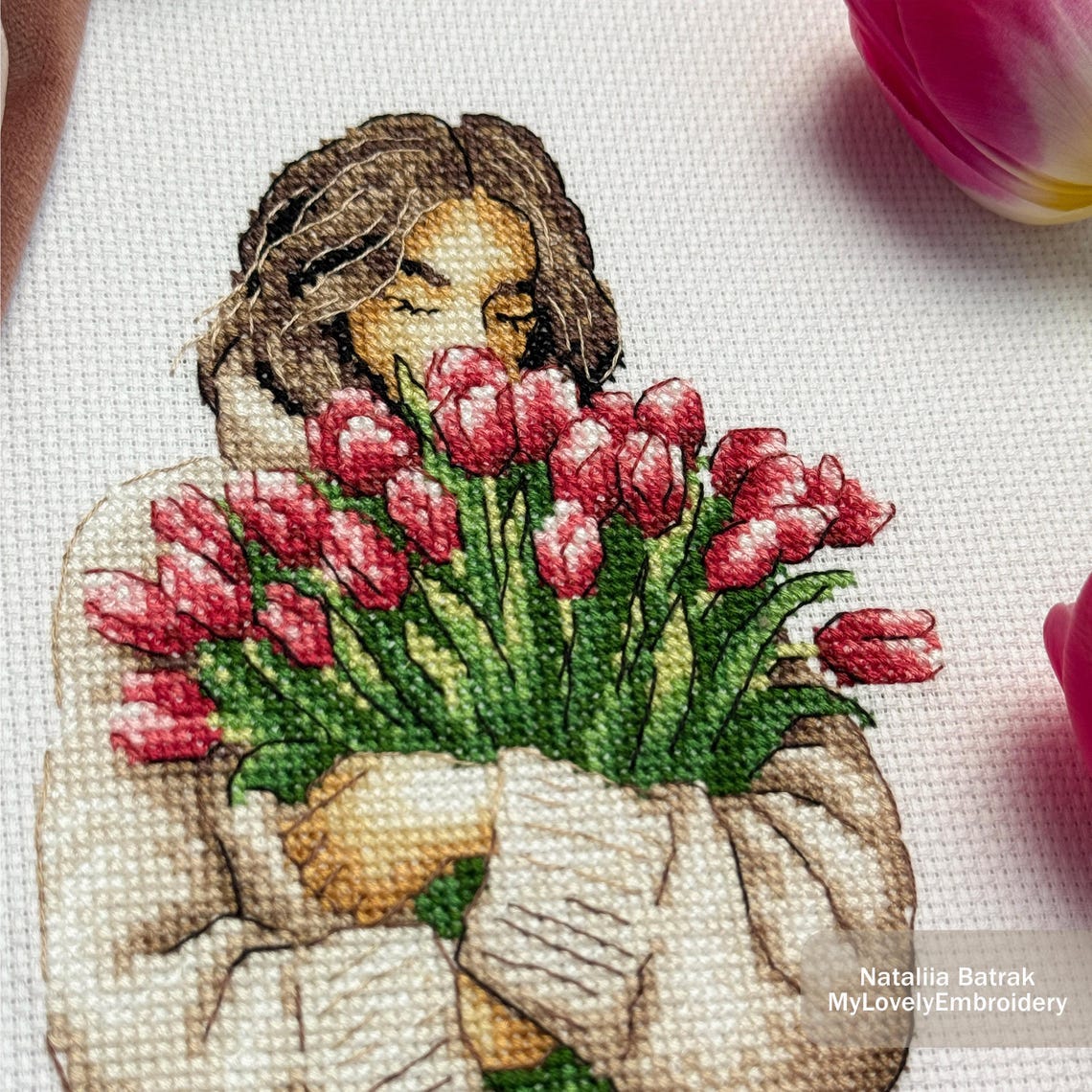 Girl With Tulips Cross Stitch Pattern, Modern Spring Design (PDF Download) - Etsy