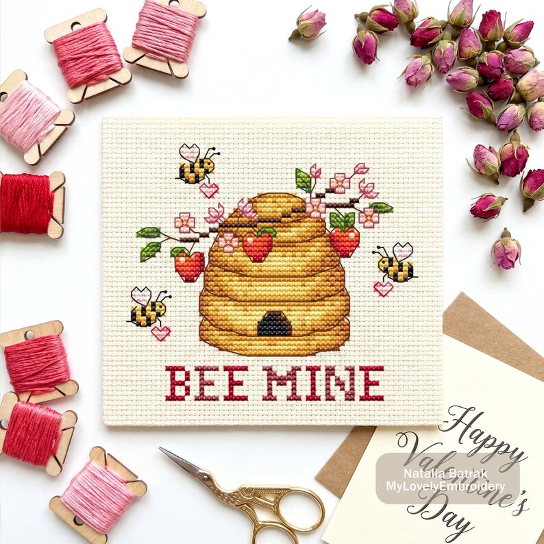 Bee Mine Cross Stitch Pattern: Valentine's Day Beehive Love Design (PDF ...