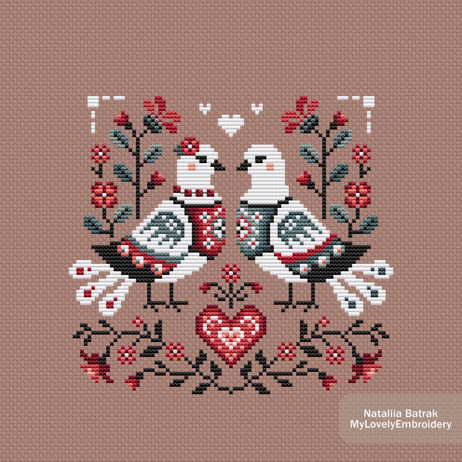 Folk Art Love Birds Cross Stitch Pattern: Romantic Doves Design (PDF ...