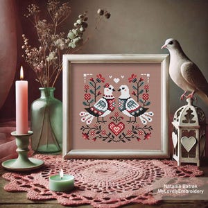 Folk Art Love Birds Cross Stitch Pattern: Romantic Doves Design (PDF ...
